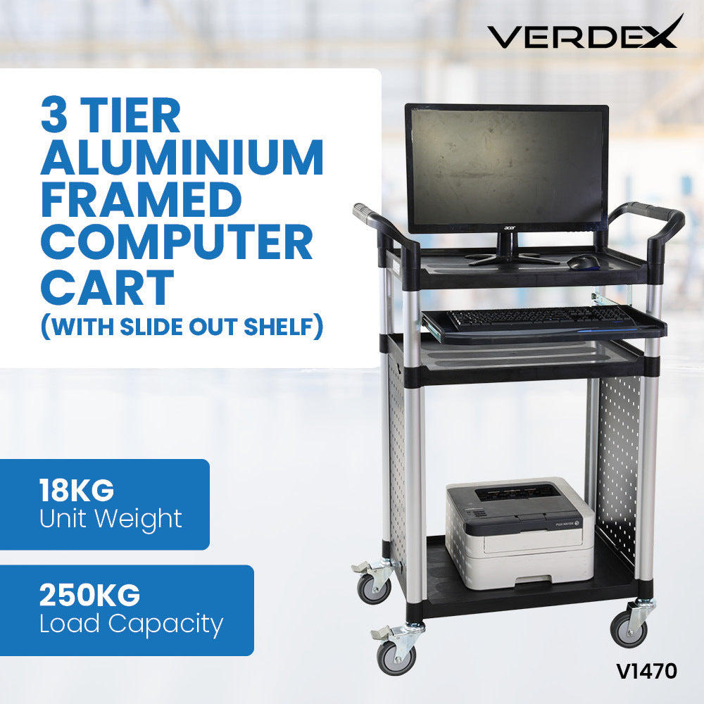 Verdex 3 Tier Aluminium Framed Computer Cart with Slide Out Shelf V147 ...