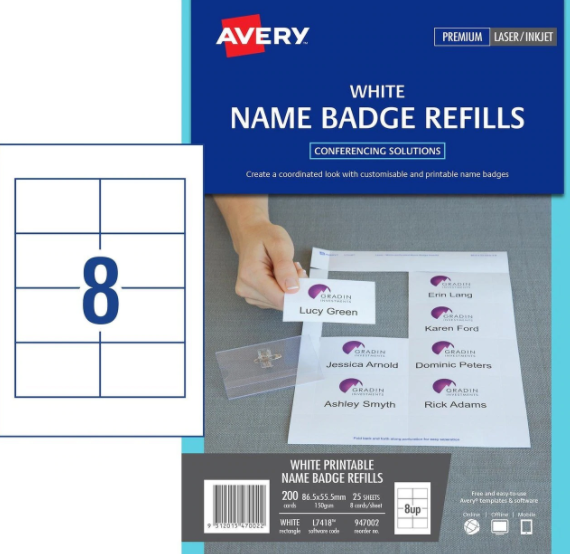 Avery 947002 L7418 8UP Card Name Badges Refills White Laser, Inkjet 15 ...